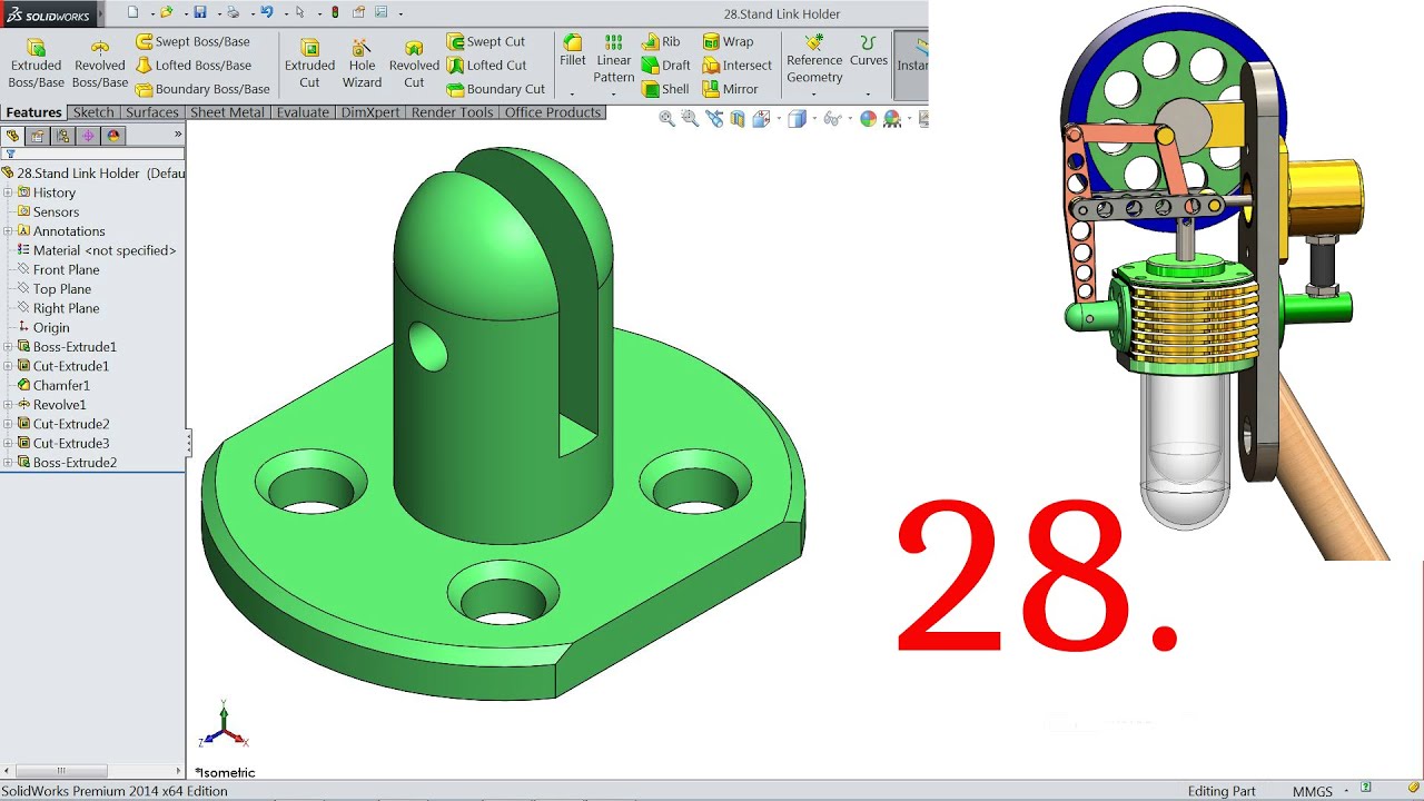 SolidWorks Tutorial Vertical Stirling Engine 28.Stand Link Holder - YouTube