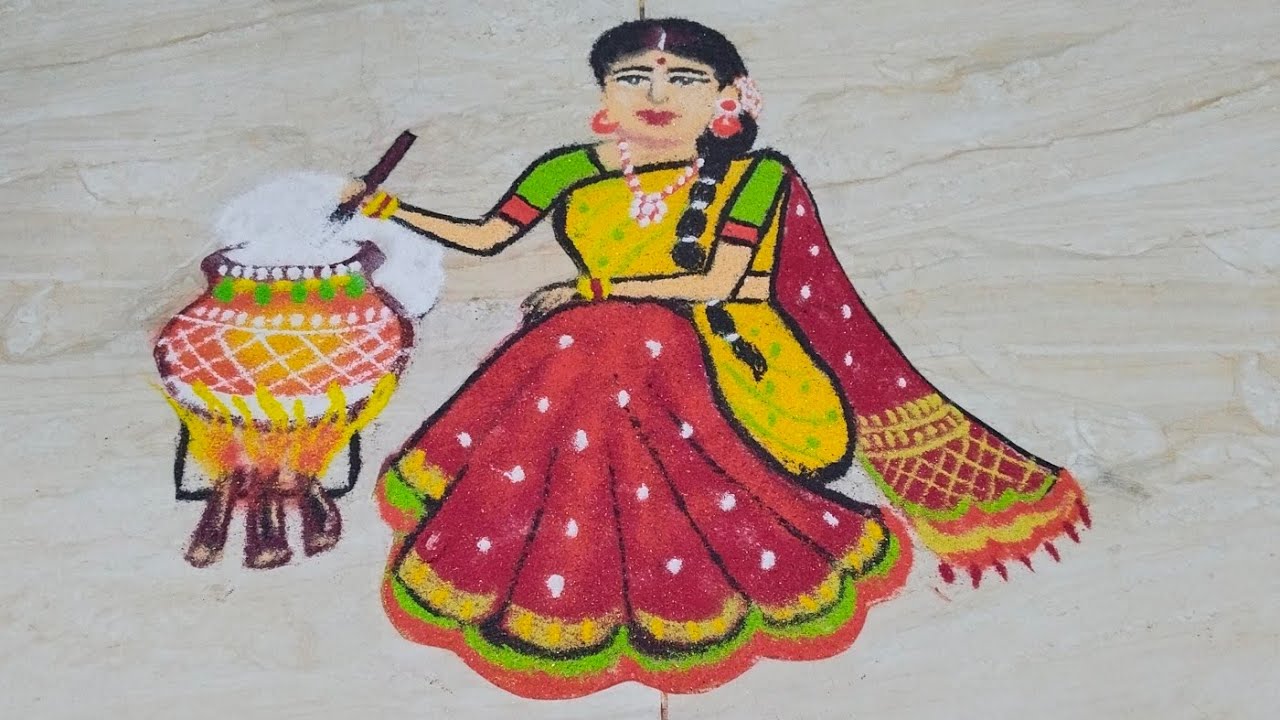 sankranti special Pongal kolam pot with traditional girl rangoli /makar ...