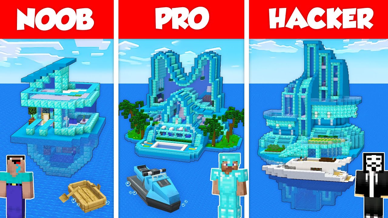 MODERN DIAMOND HOUSE ON WATER BUILD CHALLENGE - NOOB vs PRO vs HACKER ...