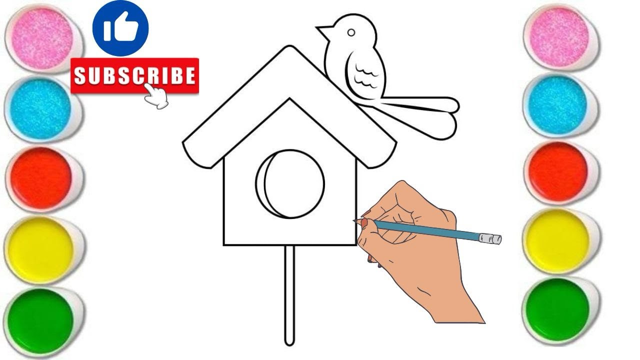 How to draw simple bird house:step by steps painting colouring for kids ...