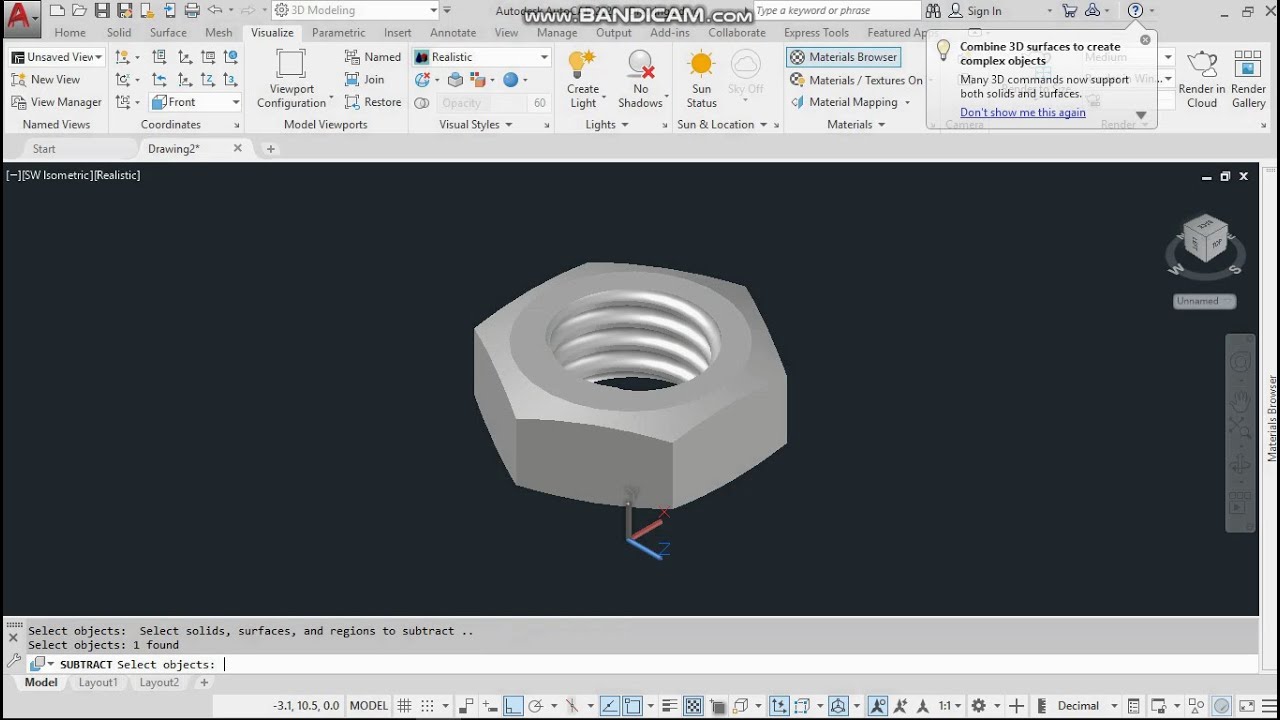 Making A Srew Nut in 3D on AutoCAD With Material & Render - YouTube