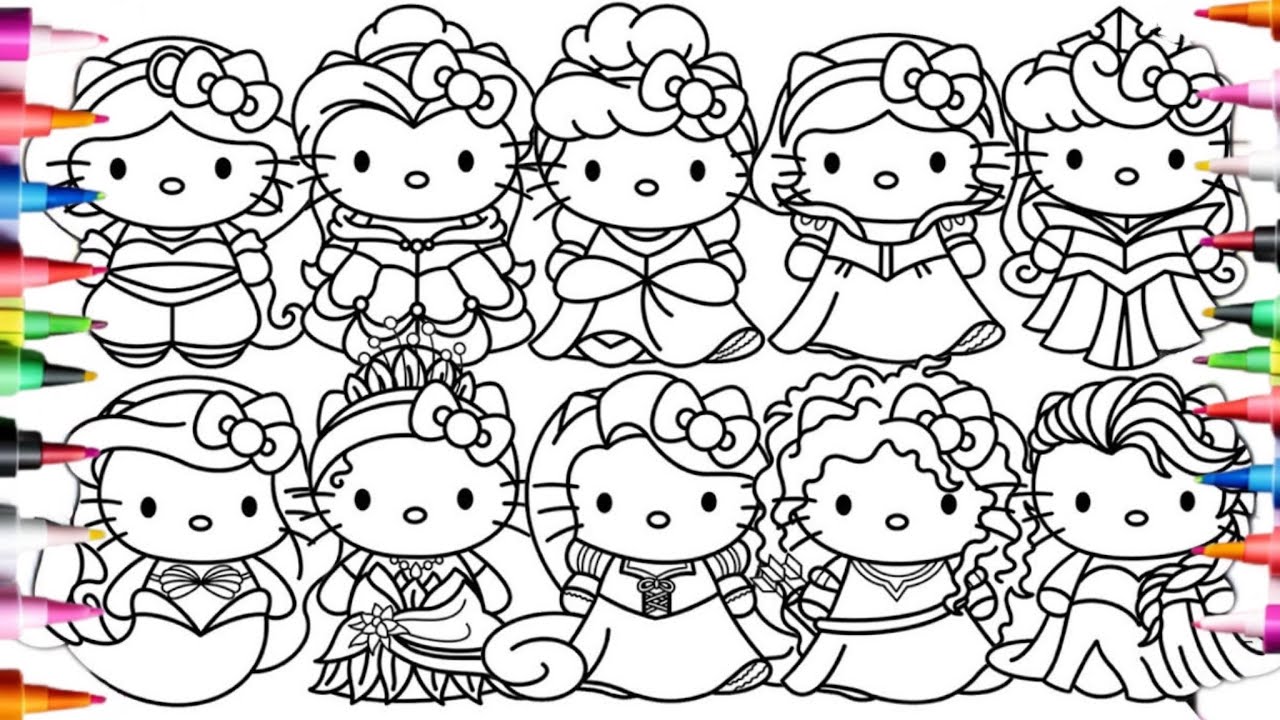 Hello Kitty as Disney Princesses Coloring Book Compilation | Ariel ...