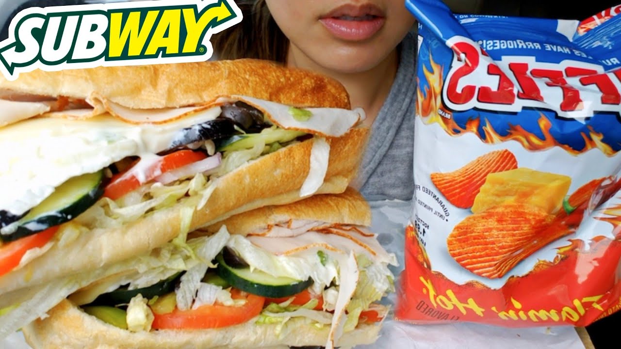 ASMR EATING SOUNDS SUBWAY CAR MUKBANG TURKEY SANDWICH & PICKLE 먹방 NO ...