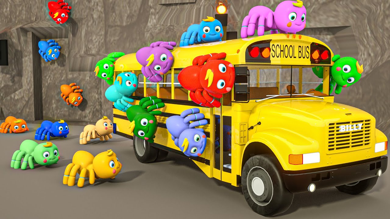 Wheels On the Bus song | Spiders jumping on school buses. Baby Nursery ...