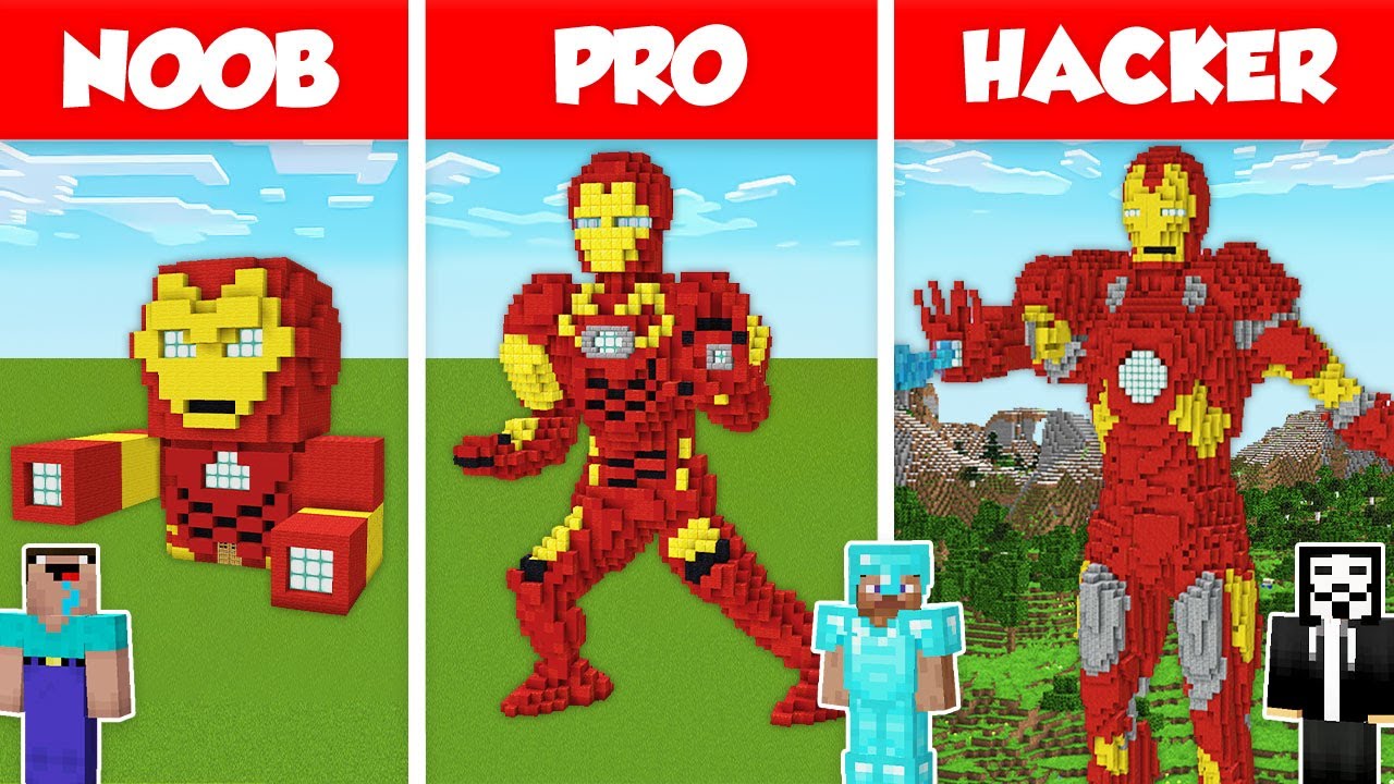 IRON MAN STATUE SUPERHERO HOUSE BUILD CHALLENGE - NOOB vs PRO vs HACKER ...