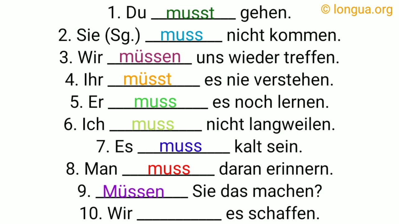 Modalverben, müssen, muss, musste, gehen, kommen, treffen, verstehen ...