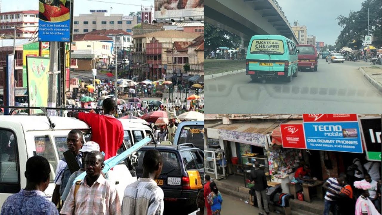 DRIVE THROUGH SHOT ON THE STREET OF KWAME NKRUMAH CIRCLE,ACCRA GHANA ...
