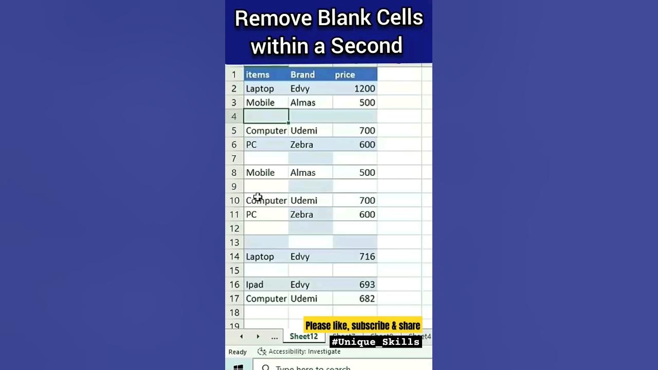 #remove blank cell within a second in Ms Excel #Unique_Skills - YouTube