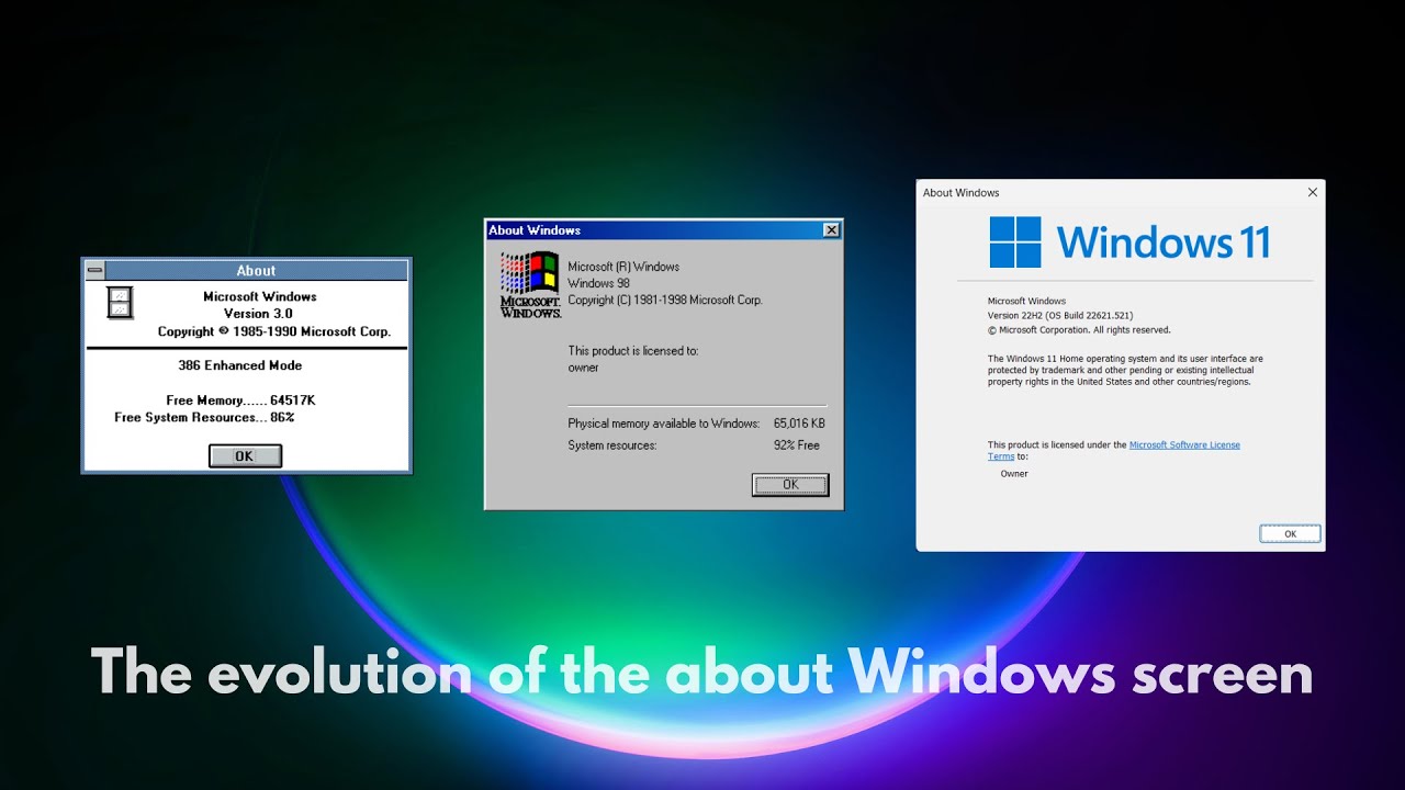 The evolution of the about Windows screen - YouTube