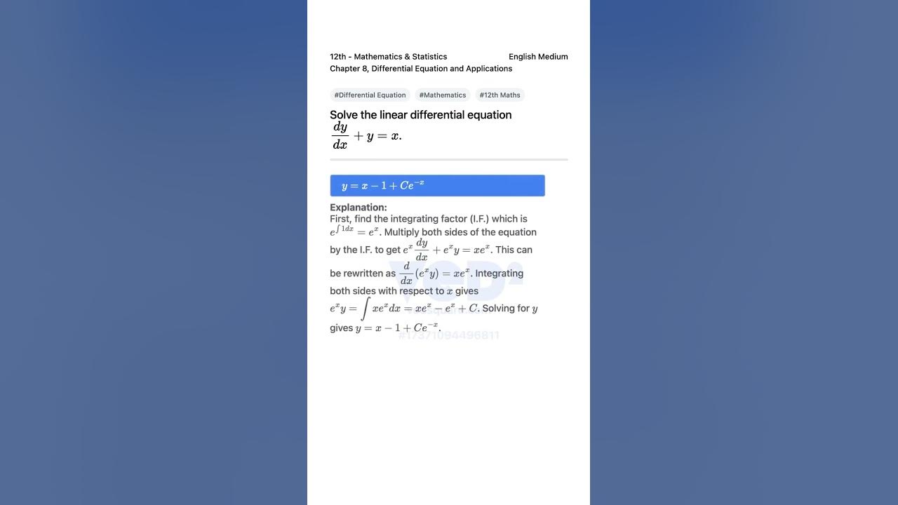 Solve Linear Differential Equation 12th Maths - YouTube