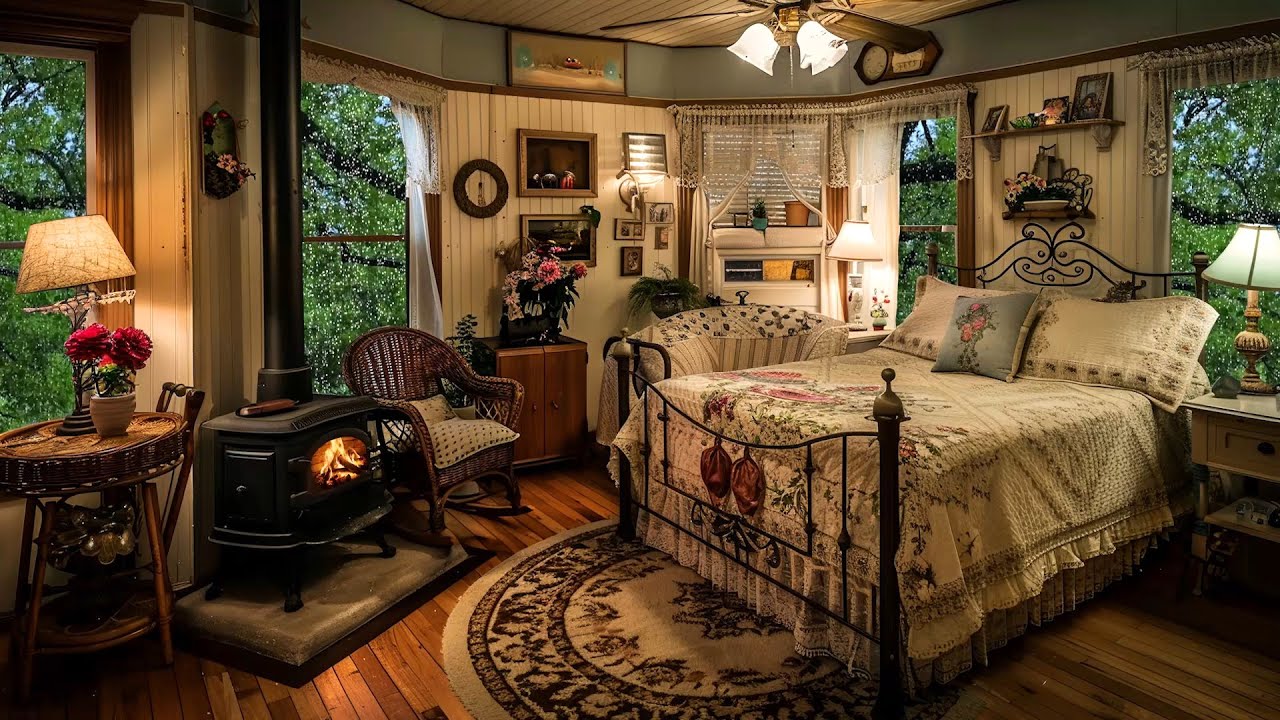 🔴Sleeping in a Cozy Pretty Cabin with Warm Fireplace & Soothing Rain ...