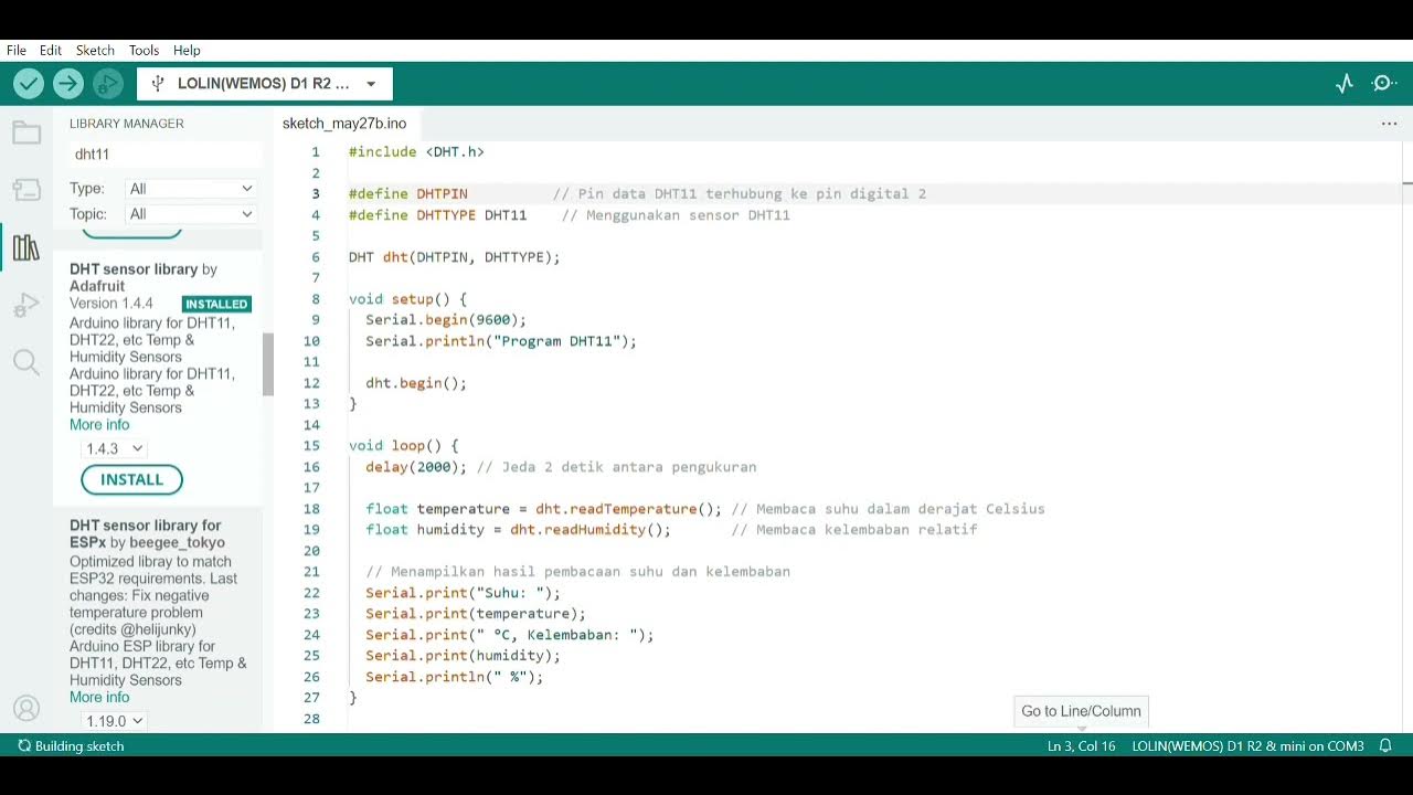 cara memprogram DHT11dengan wemos D1 R2 (Arduino IDE)(mendeteksi suhu) - YouTube