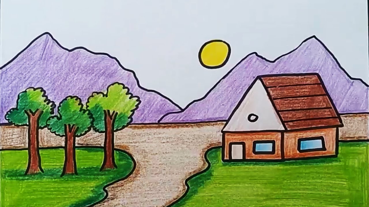Easy landscape drawing for kids and beginners | Landscape drawing ...