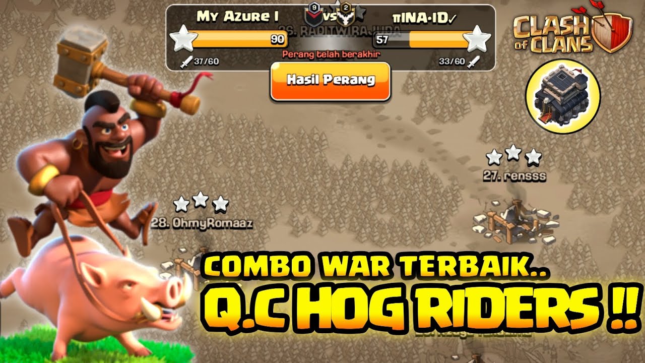 COMBO TERBAIK !! QUEEN CHARGE HOG RIDERS | STRATEGI WAR TH 9 - COC ...