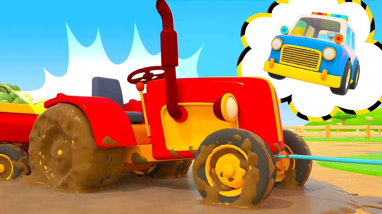 The tractor needs help! The police car saves the tractor for kids. Farm ...