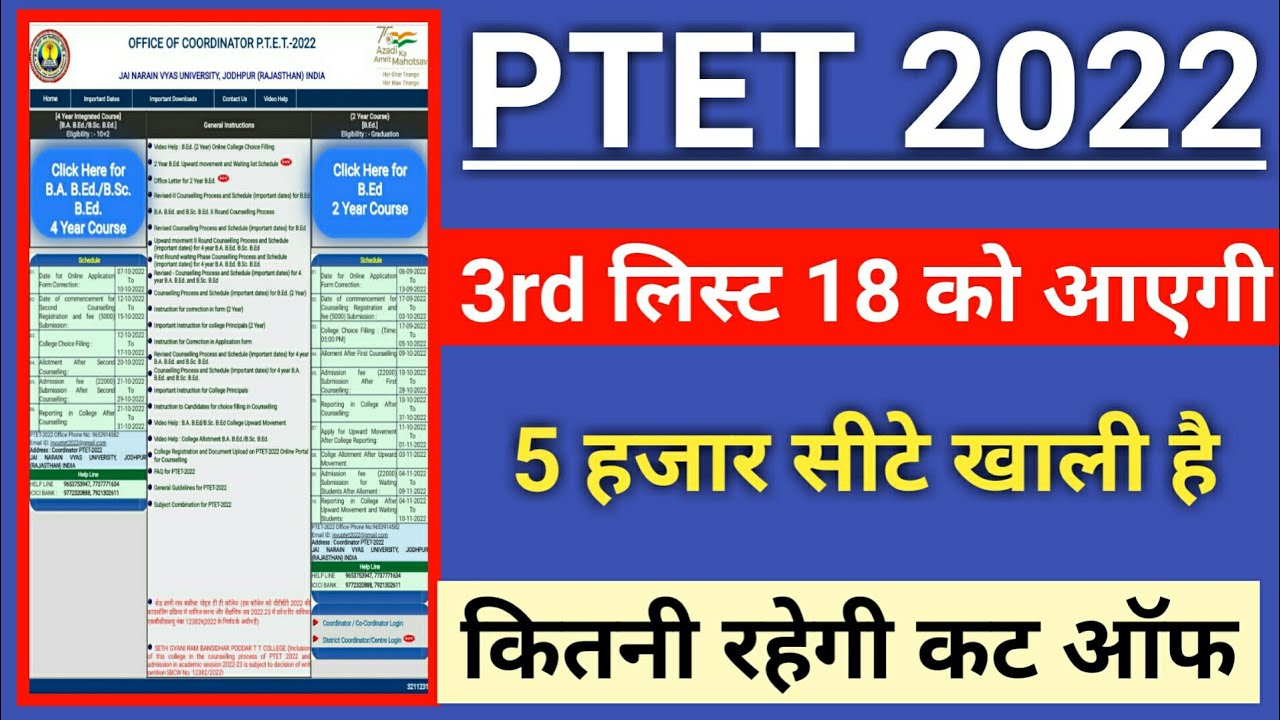 Ptet college allotment list 2022 | Ptet 3rd list kab aayegi | Ptet 3rd ...