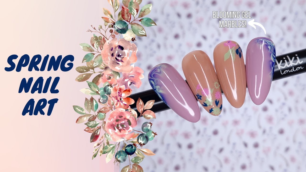 Spring Floral Stamping And Blooming Gel Marble Nail Art | Easy Nail Art ...