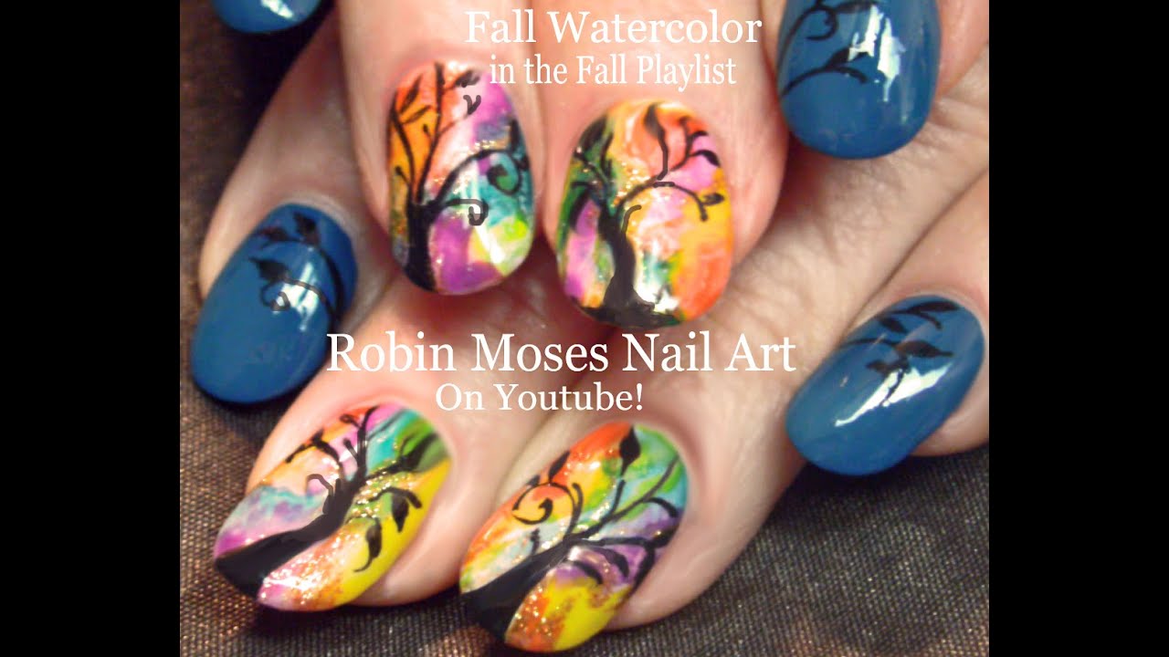 Easy Rainbow Watercolor Trees! Fun Fall Tree Nail Design Tutorial - YouTube
