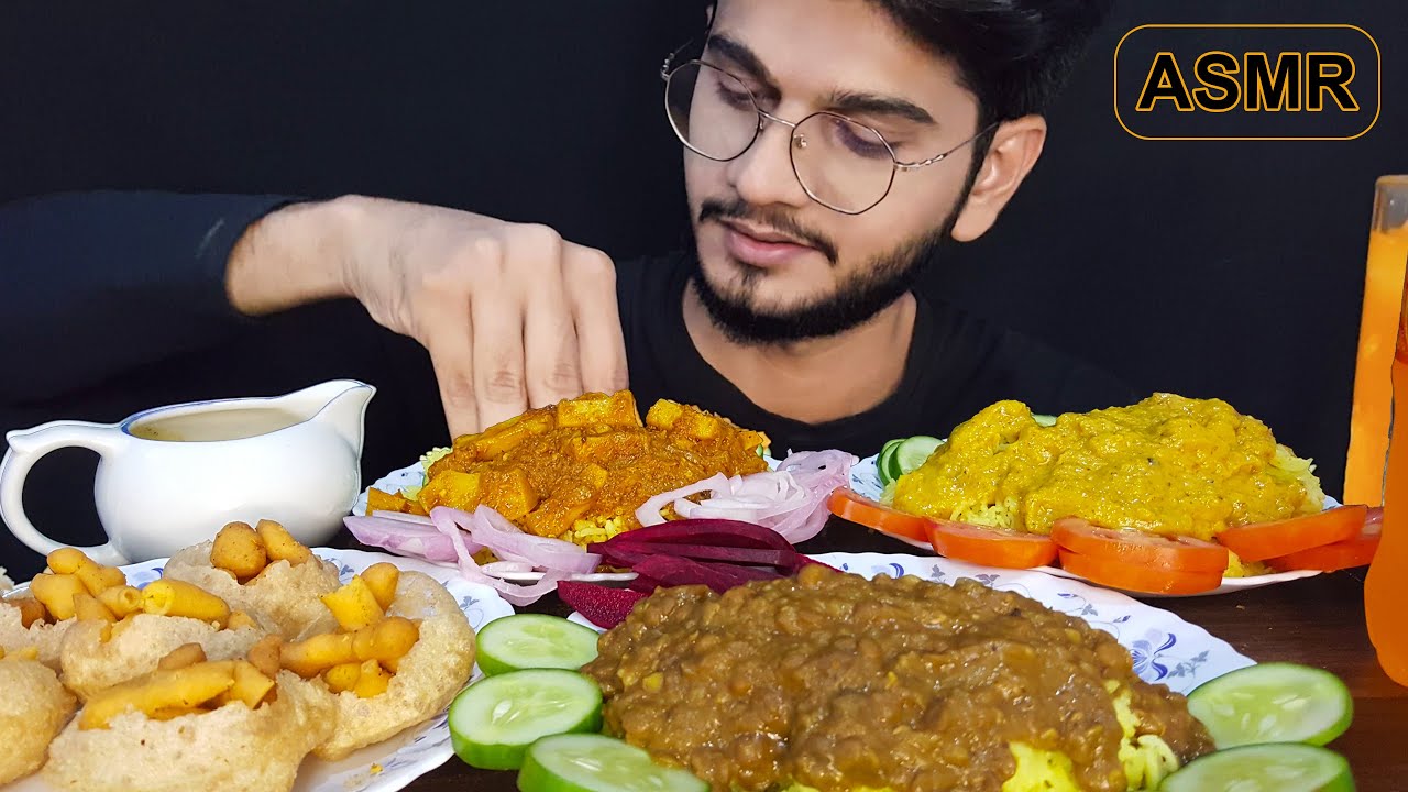 ASMR EATING Kadhi Chawal, Arvi, Masar, Dahi Puri | Pakistani Food ...