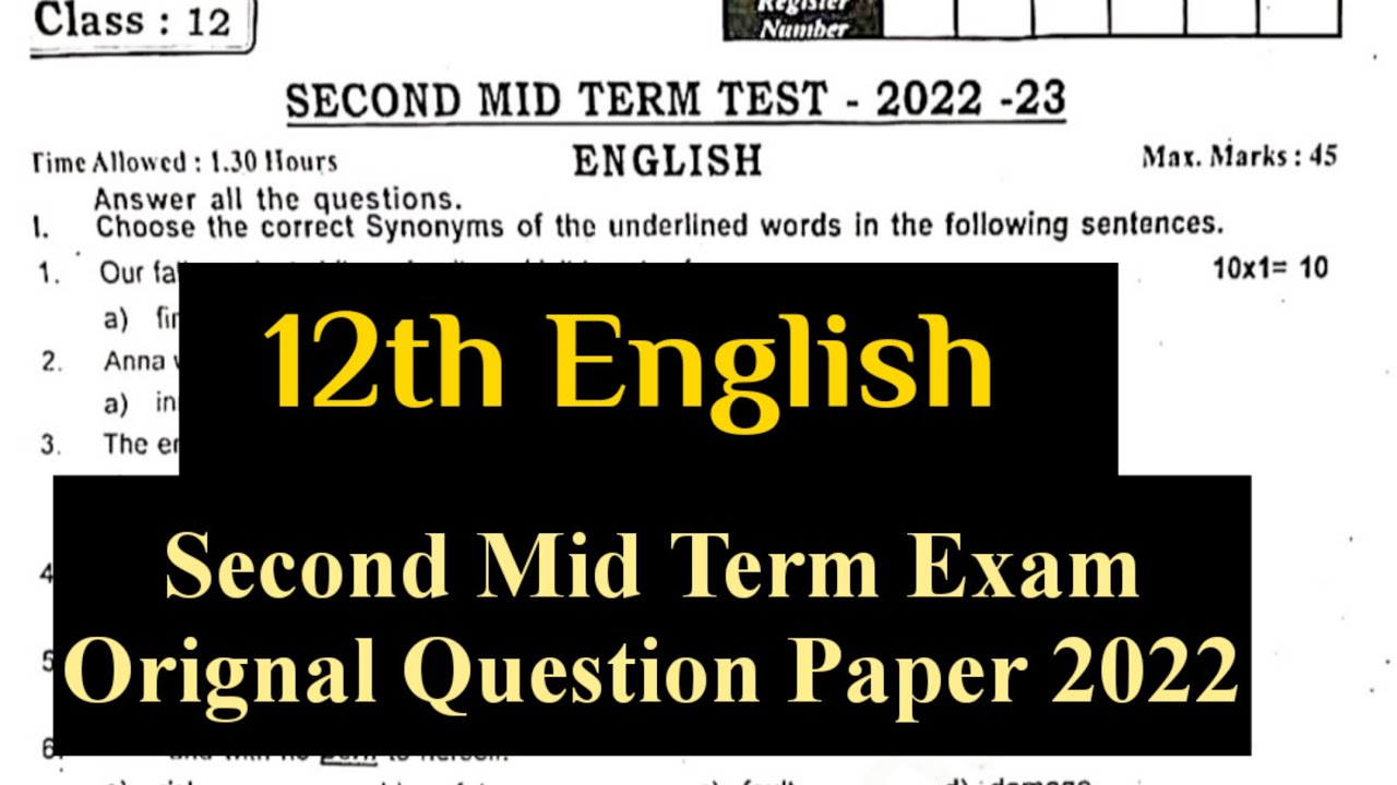 12TH ENGLISH SECOND MIDTERM EXAM ORIGINAL QUESTION PAPER 2022 - YouTube