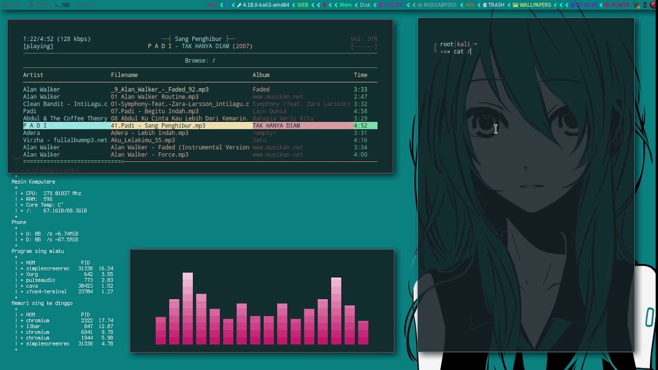 kali linux 2019 run mpd / ncmpcpp & rec0n1z3r by https://github.com ...