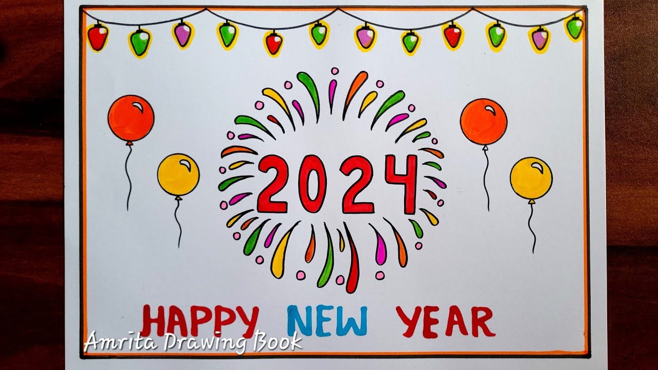 New Year Drawing 2024 easy | Happy New Year card Drawing | New Year ...