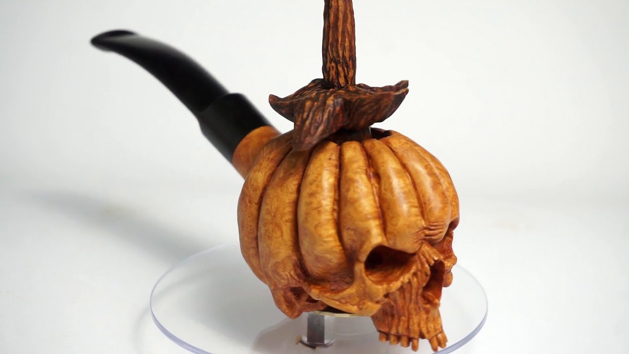 Halloween skull pumpkin - carved briar pipe - YouTube