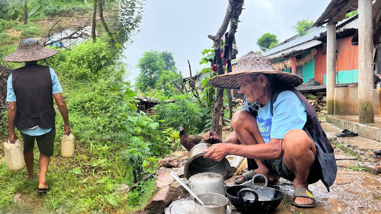 80 Year Old Poor Grandfather Washing Dishes in Rain While Carrying ...