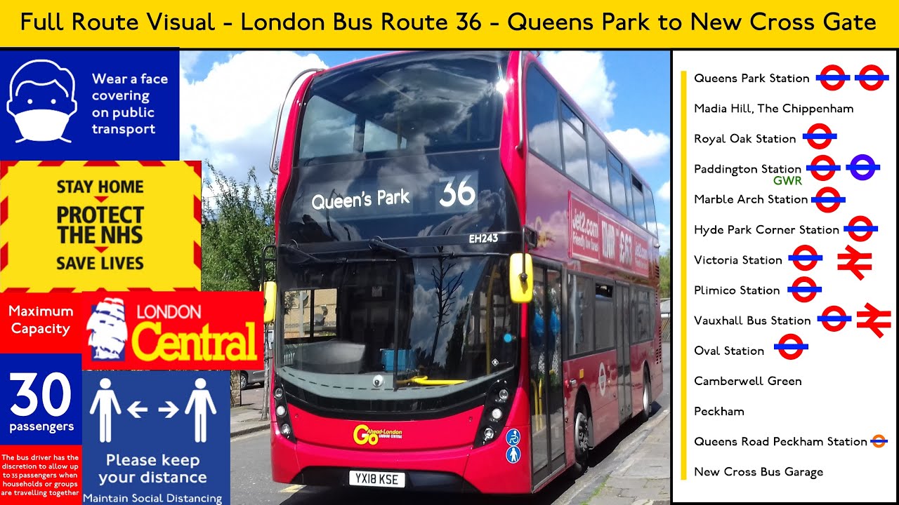 FULL ROUTE VISUAL | London Bus Route 36 Queens Park to New Cross Gate ...