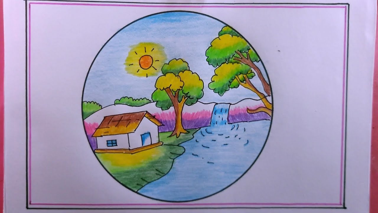 how to draw beautiful scenery/scenery drawing in a circle/simple ...