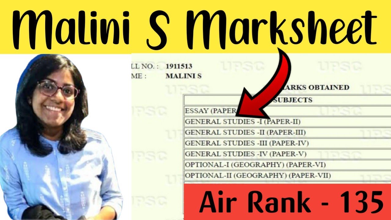 UPSC Topper Marksheet: Malini S rank 135 upsc marksheet |upsc topper ki ...