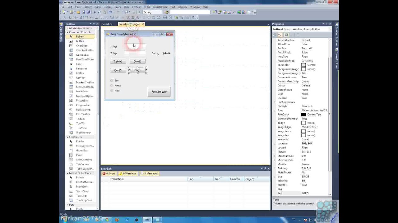 C# 1 Basit Hesap Makinesi 2 Kod ile Arka plan Rengi 3 Form Çağırma ...