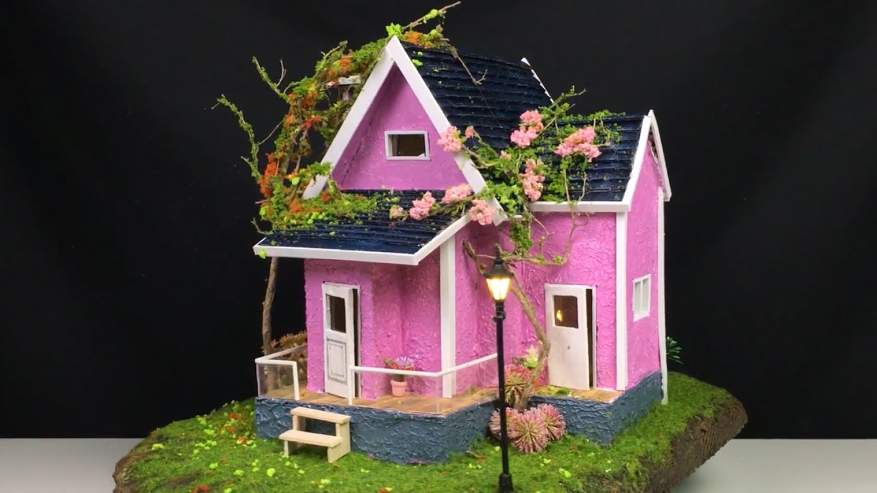 Miniature DIY Cardboard Mini Pink House - YouTube