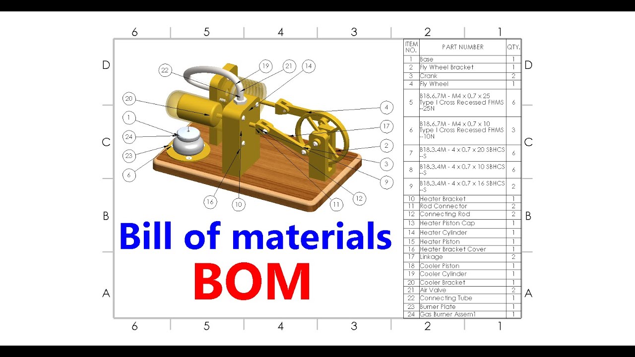Stirling Engine BOM (Bill of Material) in Solidworks - YouTube