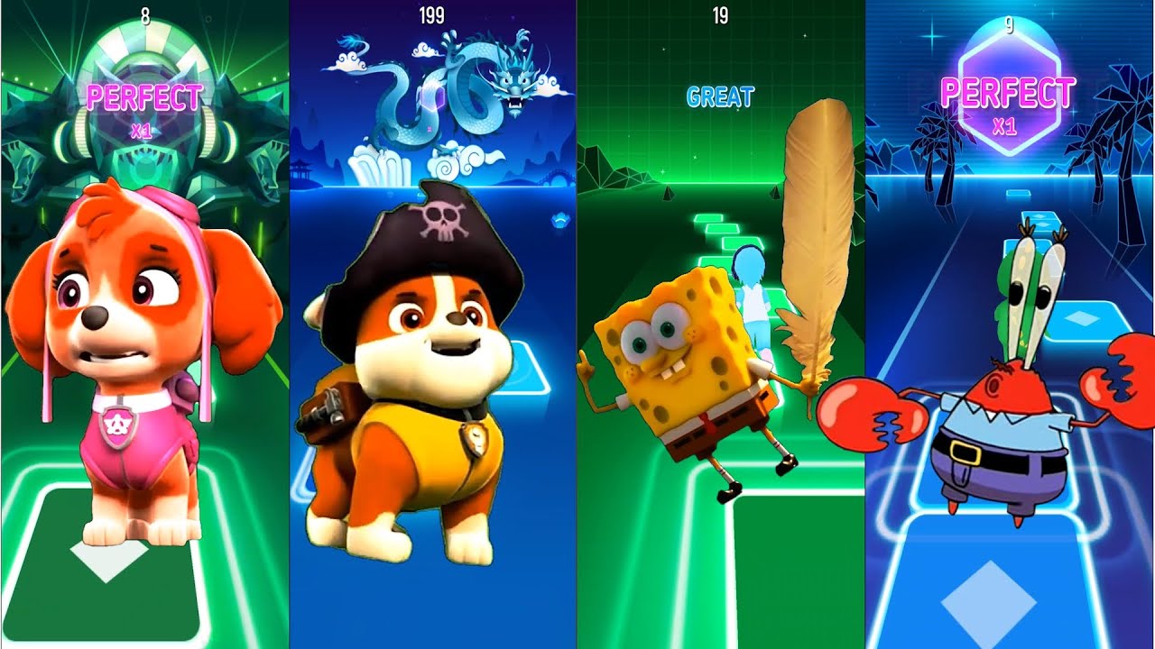 Skye VS Rubble VS SpongeBob VS Krabs Tiles Hop Game - YouTube
