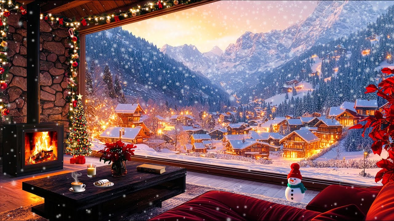 Relaxing Christmas Jazz Piano ☕ Warm Fireplace & Snowy Window for Sleep ...