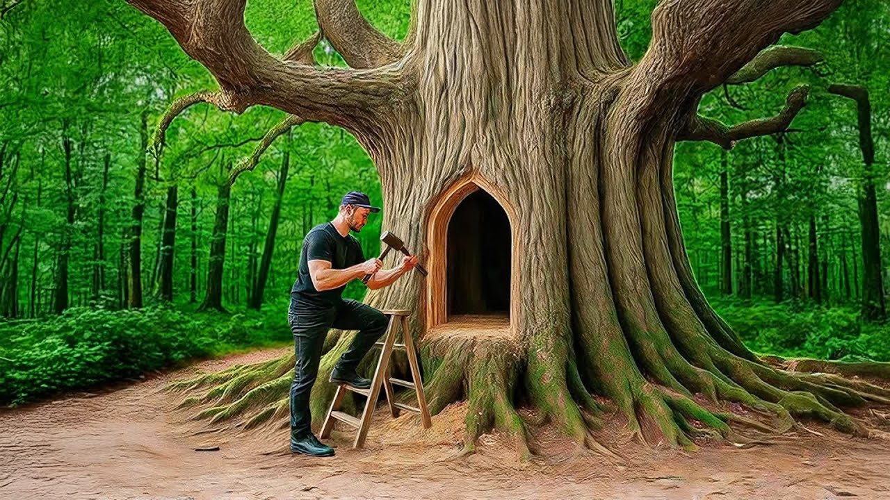 🌳 Building a Hidden Bushcraft Shelter Inside an Ancient Tree ...