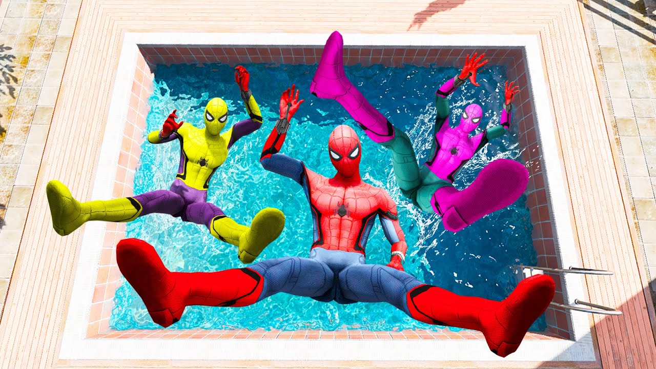 GTA 5 Rainbow Yellow Vs Red & Pink Spiderman Jumping Into Pool ...