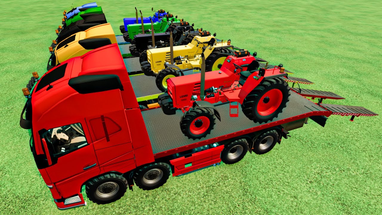 TRANSPORTING COLORED LIZARD TRACTORS WITH VOLVO TRUCKS - Farming ...