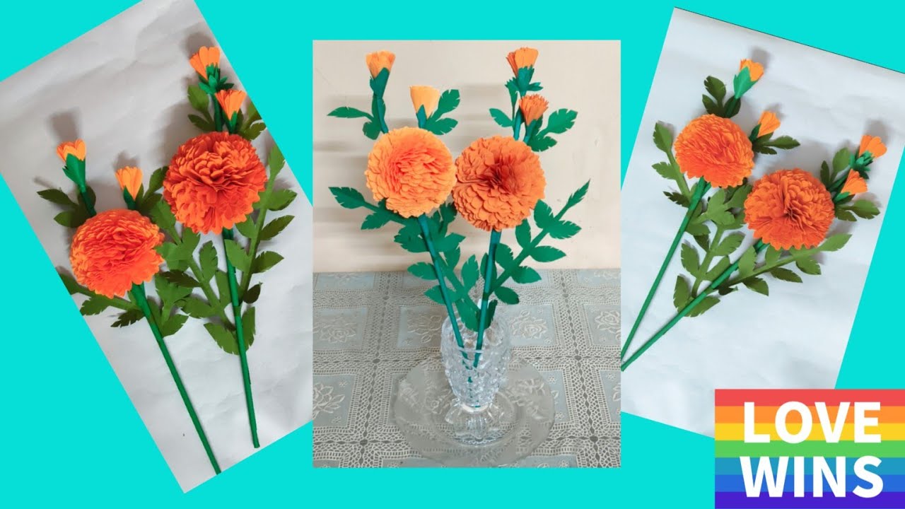 How to make Marigold flower with paper/ Paper crafts for kids at home ...