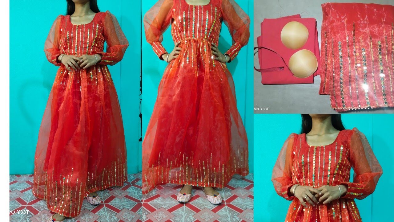 Organza Fabric Gown Cutting and Stitching/ Convert Old Saree into Long ...