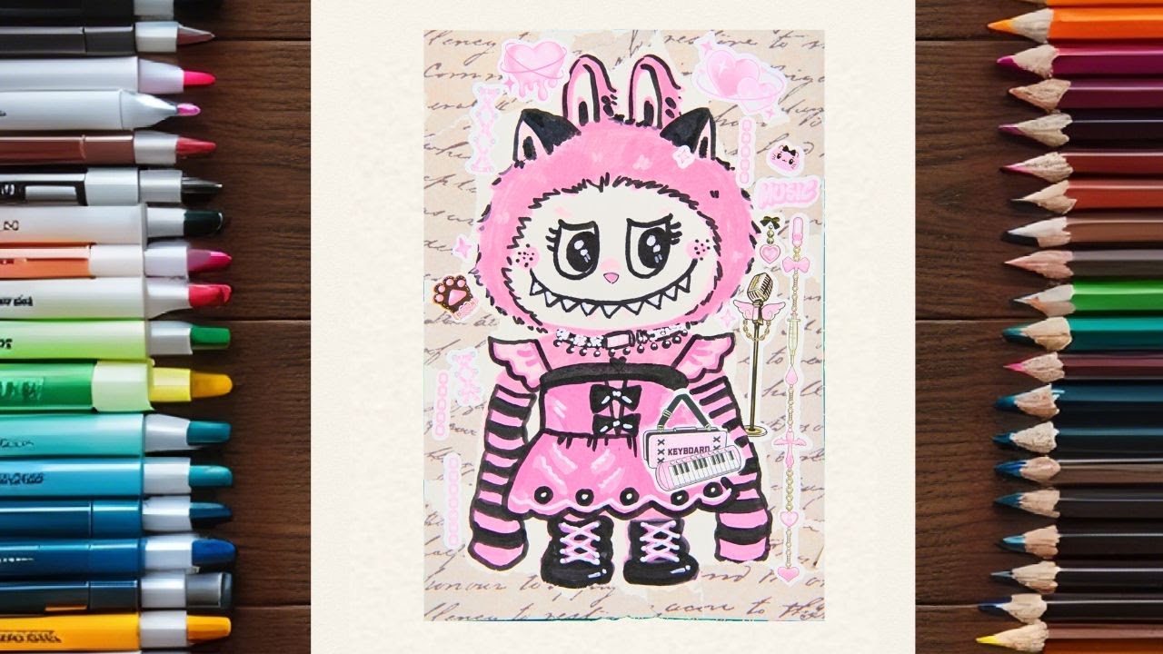 Drawing a SUPER CUTE Pink Labubu Doll with Markers | Art Process - YouTube