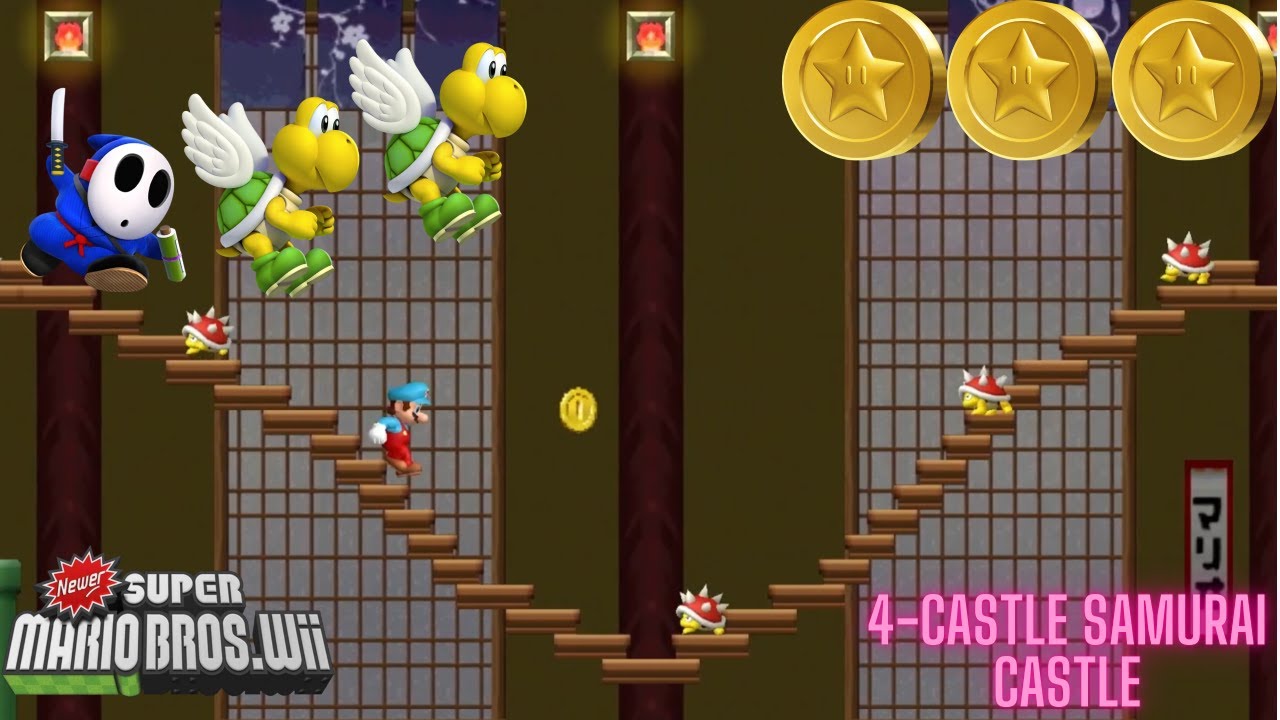 [Newer Super Mario Bros. Wii] 4-Castle Samurai Castle All 3 Star Coins ...