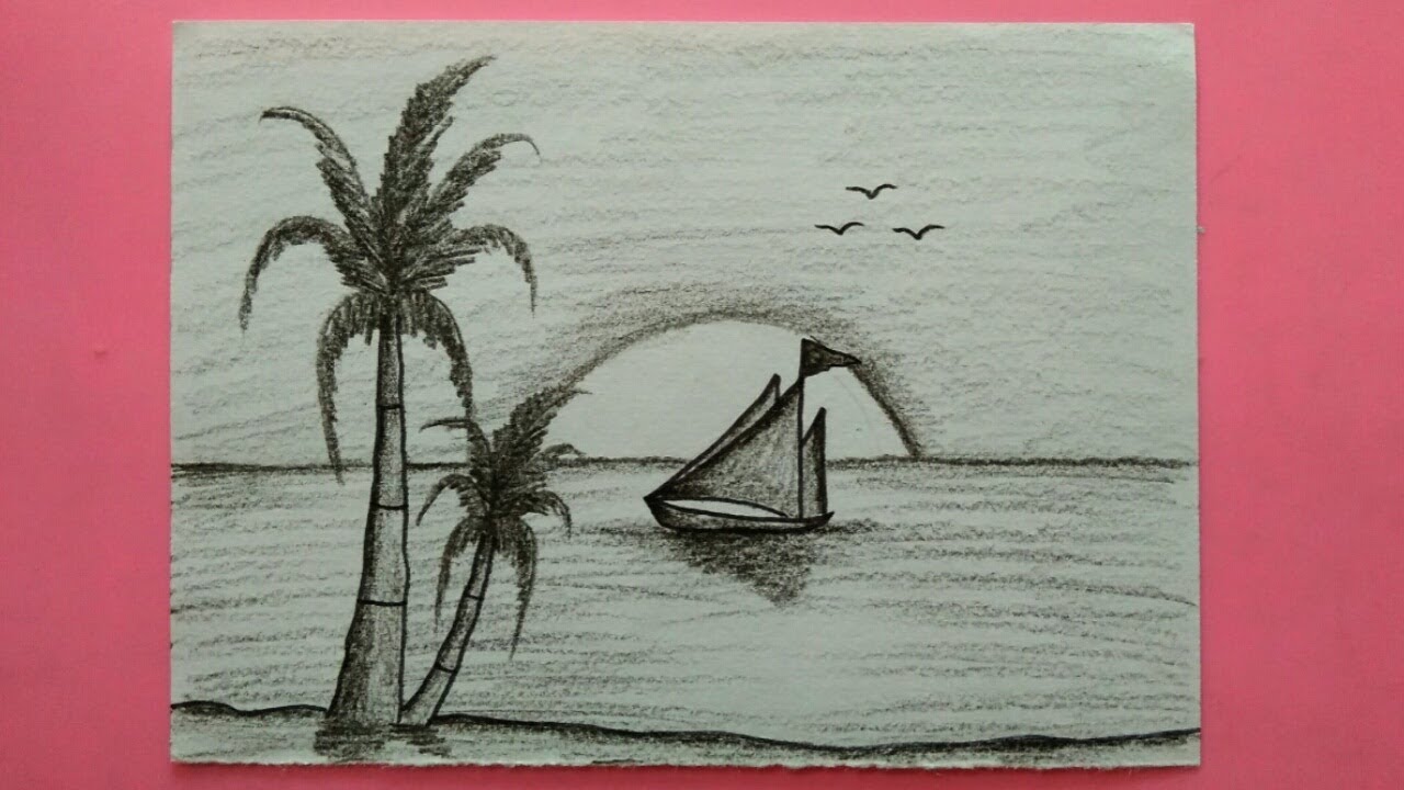 Cara Menggambar Pemandangan Pantai - Pencil Drawing - YouTube