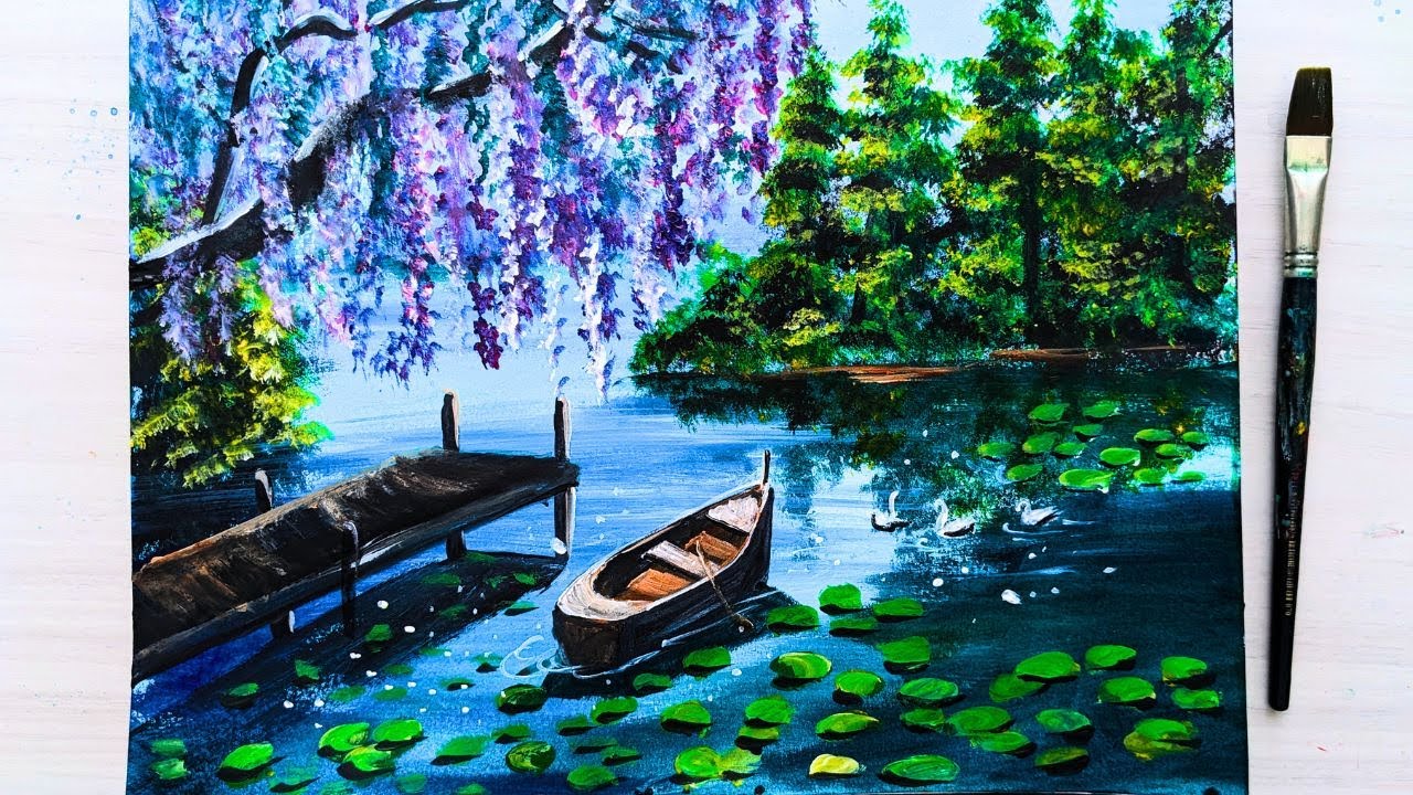 How to paint a Spring Lake with Boat | Acrylic landscape painting for ...