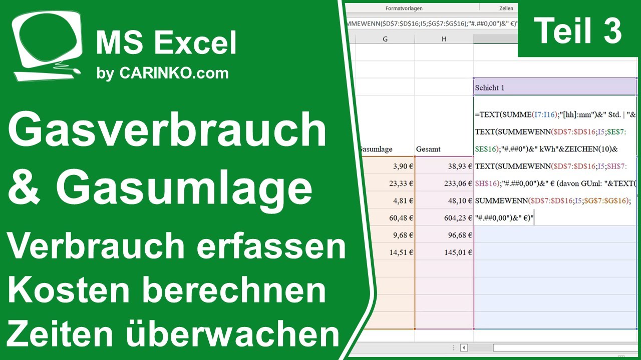 In MS Excel Gasverbrauch erfassen | Kostenermittlung und Zeitübersicht ...