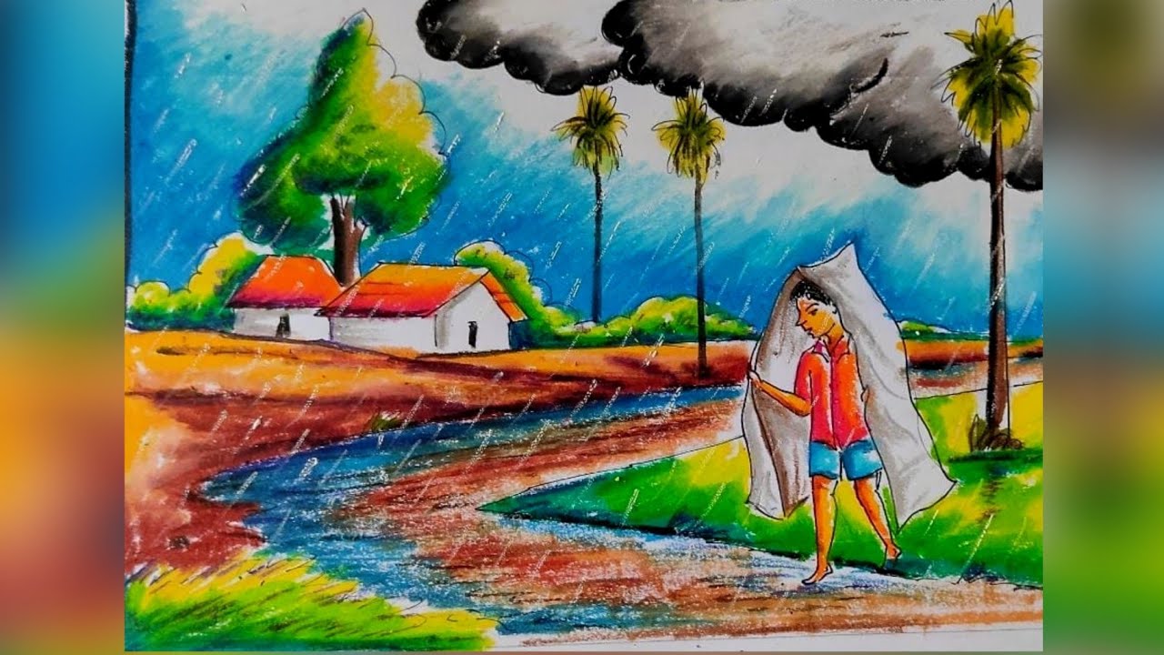 Rainy dey drawing /monsoon season drawing /বৃষ্টির scenery drawing ...