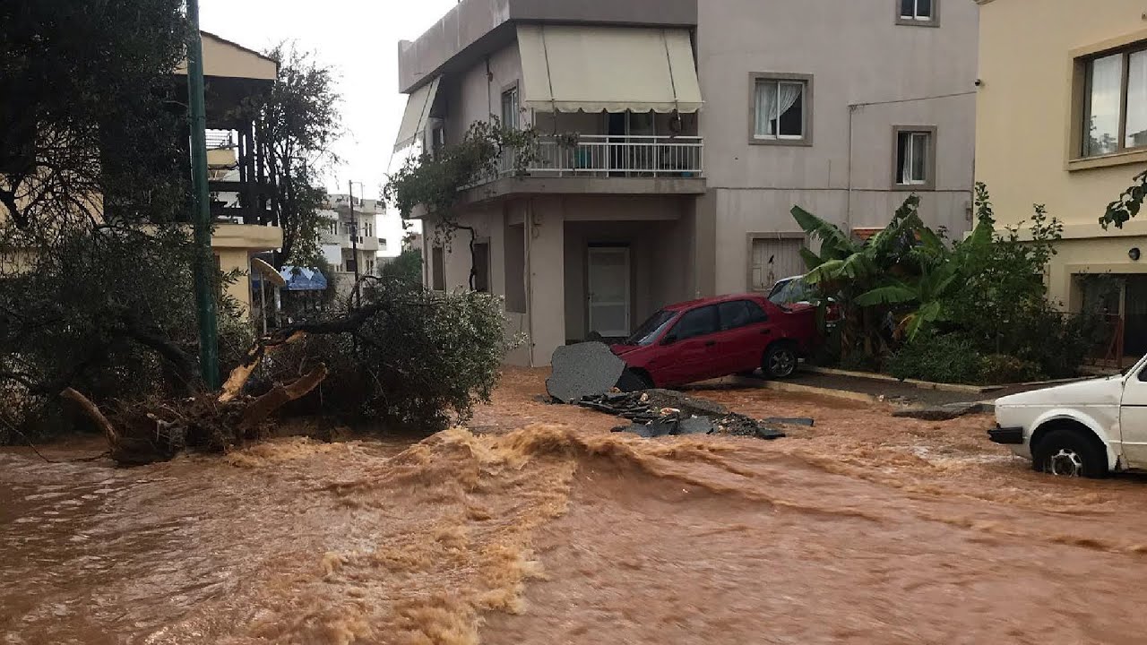 Heavy rain causes flooding in Analipsi Village, Hersonisos, Crete - YouTube