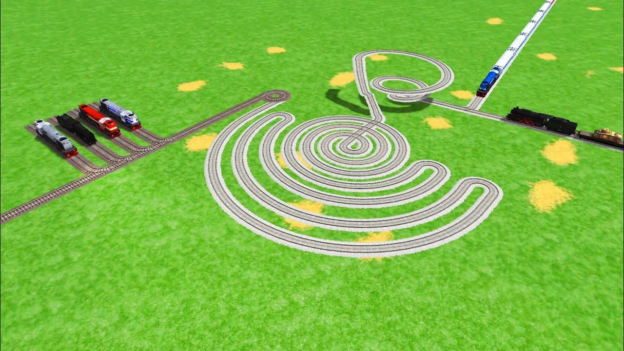 SIX TRAINS RUNNING AT ROUND SPRING SQUARE RAILROAD UTRUN SNAKE TRACKS ...