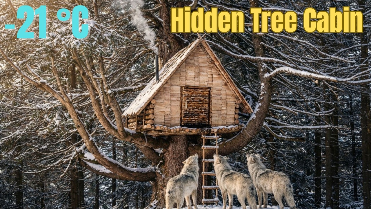 I Built a Cozy Bushcraft Treehouse Shelter to Survive a Freezing Winter ...